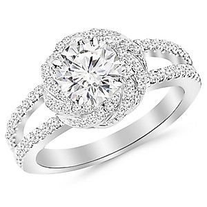 2.51 Carat t.w. ROUND Shape/Center Silver Pave Set Halo Style Floral Split Shank CZ Engagement Ring