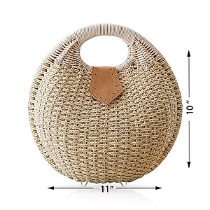 QTKJ Semi-circle Shell Shape Rattan Straw Handbags, Hand-woven Women Summer Retro Straw Round Handle Beach Tote Bag (Khaki)