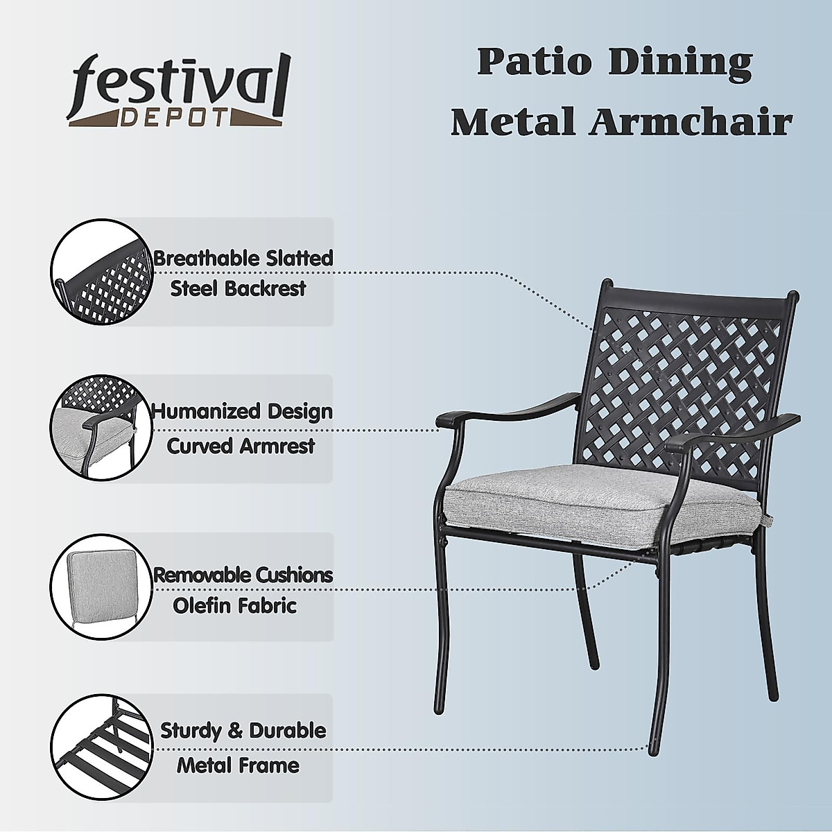 Festival Depot 8-Piece Outdoor Patio Furniture Outdoor Wrought Iron Dining Chairs Set for Porch Lawn Garden Balcony Pool Backyard with Arms and Cushions (8Pcs, Grey)