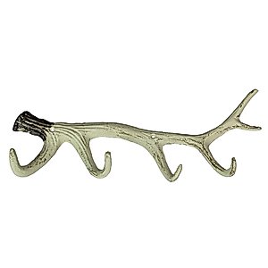 Zeckos Painted Brown and White Cast Iron Deer Antler Wall Mounted Hook Rack Coat Towel Key Hat Hanger - Easy Install - Lodge, Cabin Or Western Décor 16 Inches Long