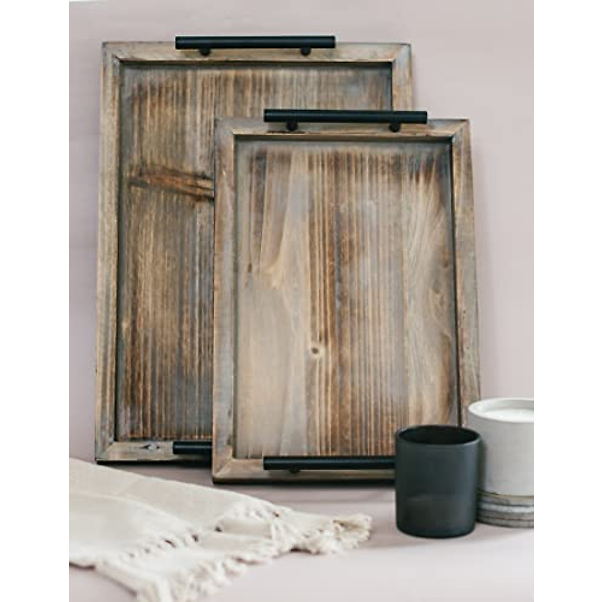 Decorative Ottoman Serving Tray Wooden Rustic (Set of 2) | Black Sleek Metal Handles | 4 Matching Coasters | Coffee Table Decor | Serving Kitchen Platter | Summit Living | For All Occasions