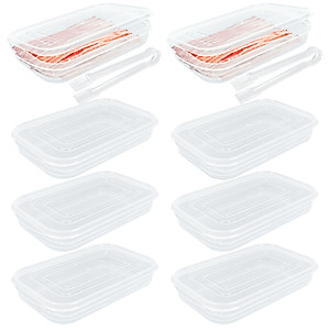 KKONHII Bacon Keeper, 8 Pcs Deli Meat Container for Fridge Plastic Saver Container with Lids and 2 Bacon Clip Airtight Cold Cuts Cheese Container Food Storage Box Shallow Low Christmas Cookie Holder