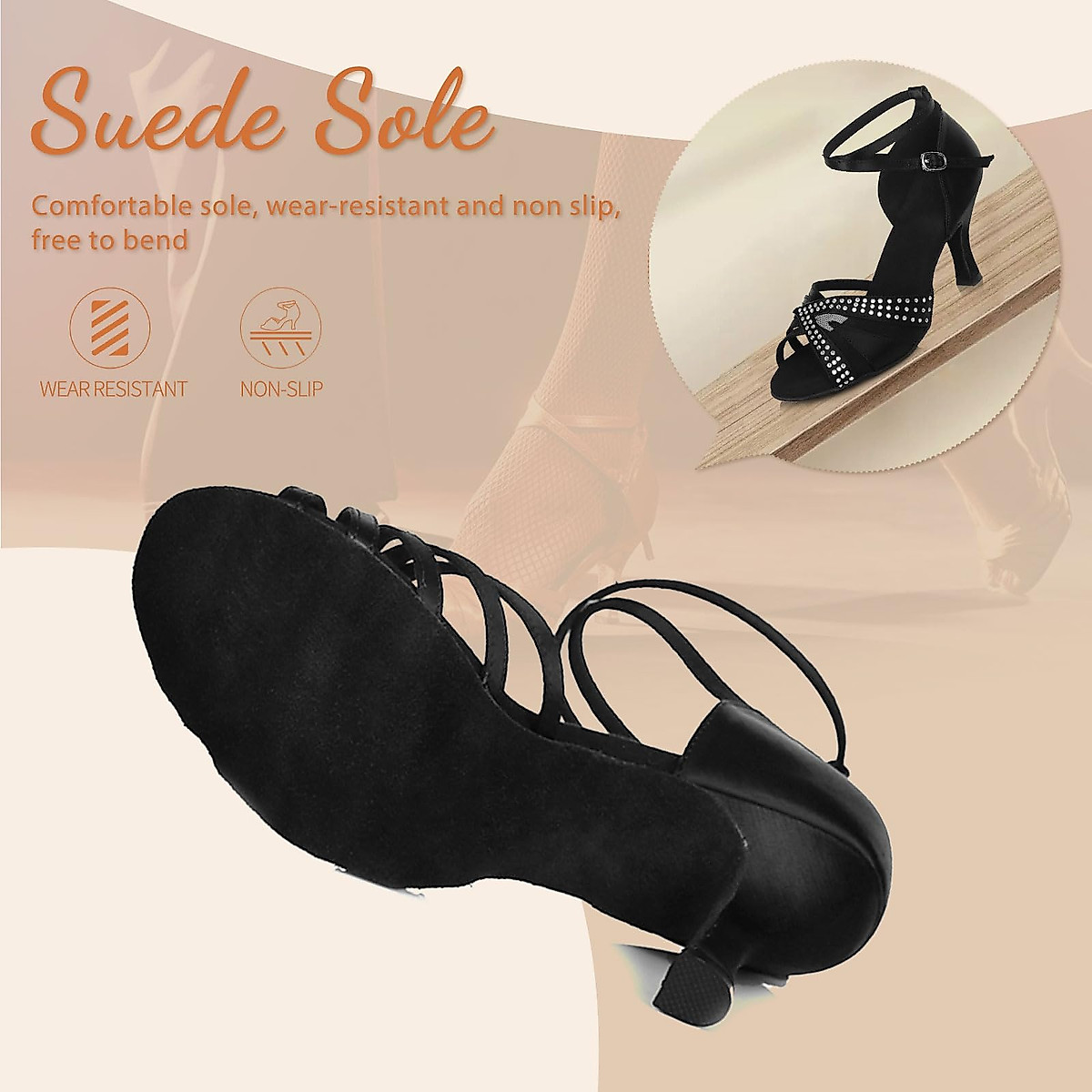 YKXLM Women Rhinestone Ballroom Dance Shoes Latin Performance Dance Shoes Women Suede Sole,L165,2 1/2 inches heel,Black,7.5US