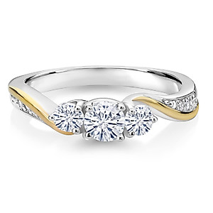 Gem Stone King 925 Sterling Silver and 10K Yellow Gold White Moissanite and White Lab Grown Diamond 3 Stone Engagement Ring For Women | 0.46 Cttw | Available In Size 5, 6, 7, 8, 9