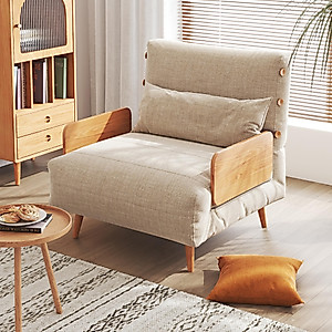 JASIWAY Modern Sofa Bed, 3 in 1 Sleeper Chair Bed Futon Sofa Bed Chaise Lounge Chair for Living Room Bedroom Office, Solid Wood Leg, Linen Fabric Beige Chair, 76.4" D x 27.6" W