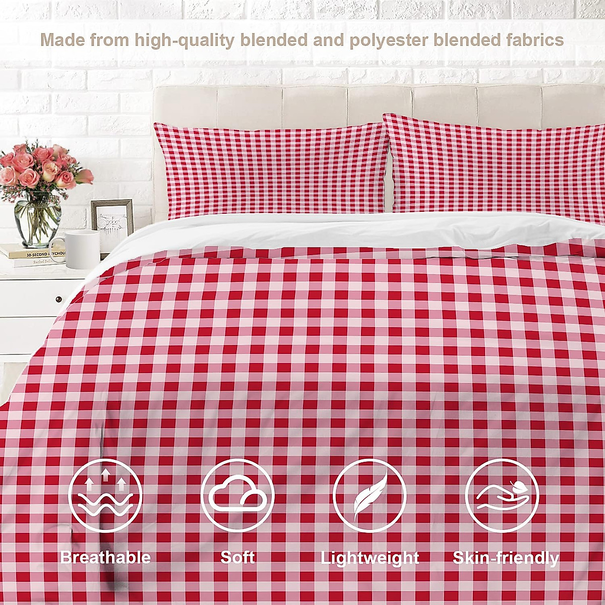 BaoNews Red White Gingham Duvet Cover Set Twin Size,3 Pieces Square Red Tablecloth Plaid Blanket Bedding Set Hotel Quality 100% Cotton Comforter Cover Set with 2 Pillowcases(No Filler)