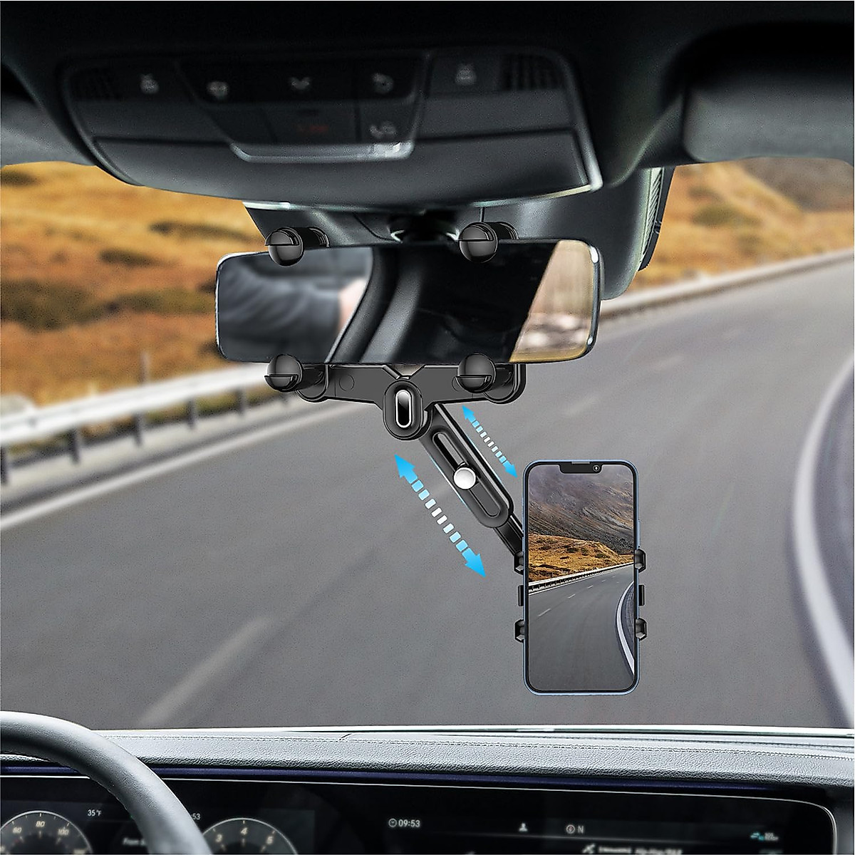 POWDAPTE Rear View Mirror Phone Holder, 360°Rotatable and Retractable Rearview Mirror Phone Holder for Car, Upgraded Four Corners Anti-Shake Multifunctional Design for All iPhone & Car Rearview Mirror