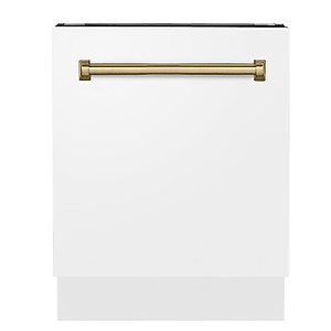 ZLINE Autograph Edition 24" 3rd Rack Top Control Tall Tub Dishwasher in White Matte with Champagne Bronze Handle, 51dBa (DWVZ-WM-24-CB)