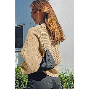 CHYRII Women Casual Overized Puff Long Sleeve V Neck Knitted Polo Pullover Sweater Jumper Tops Apricot S