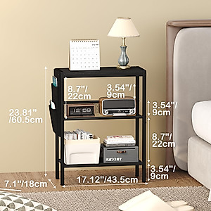 Yusong Small Narrow Side Table for Small Spaces, Slim End Table with Storage Bag, Sofa Snack Table with Adjustable Metal Mesh, 3 Tier Accent Skinny Beside Table for Living Room & Bedroom, Black Oak