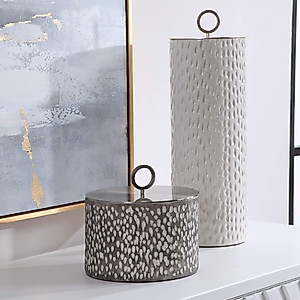 MY SWANKY HOME Mid Century Modern Carved Ceramic Cylinder Jars Set 2 Off White Gray Container