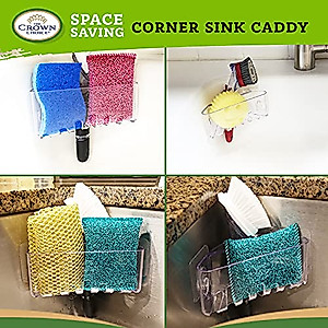 The Crown Choice Kitchen Sponge and Brush Holder – Space Saving Corner Sink Caddy - Sponge Holder Plastic, Adhesive, Rust Proof and Water Proof – Kitchen Holder Sponges, Scrubbers, Soap