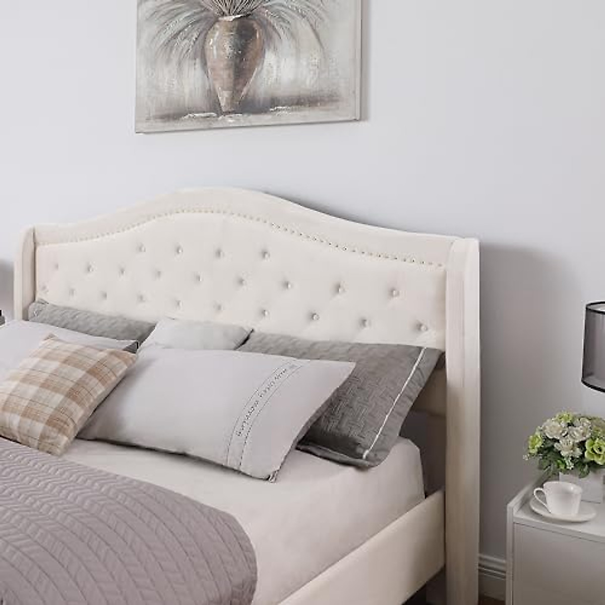 Morden Fort Velvet Bed Frame California King Bed Frame with Headboard Upholstered Wood Platform with 51” Headboard, Heavy Duty Bed Frame with Wood Slat Support, No Box Spring Needed, Beige