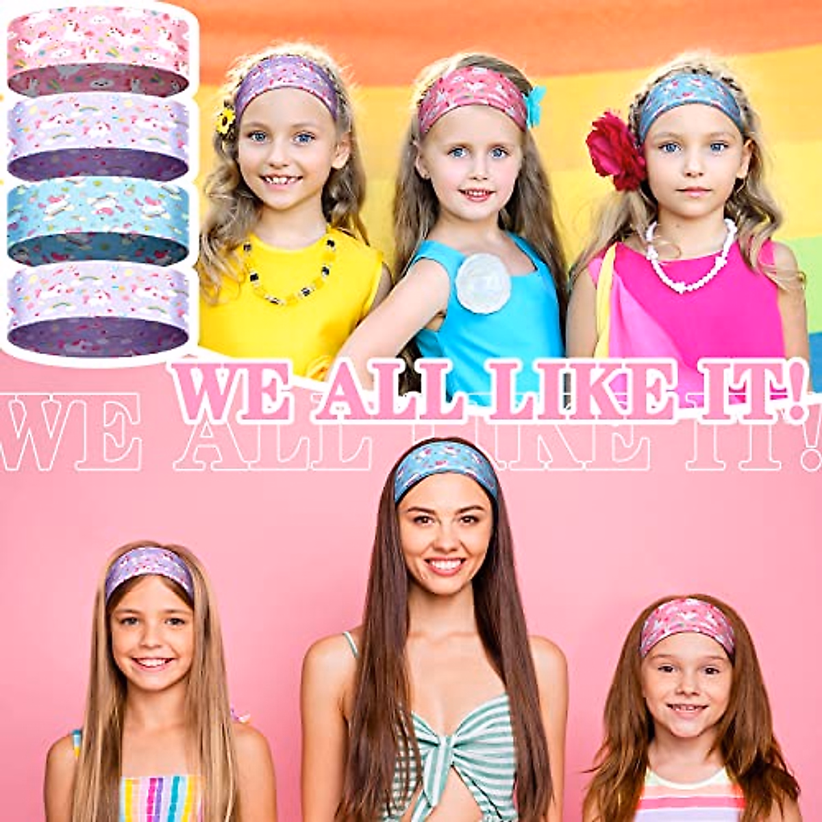 6 Pieces Unicorn Headbands for Girls Cute Elastic Bandeau Adjustable Wide Rainbow Headband No Slip Little Girl Hair Accessories Neck Gaiter Party Favors Stretch Hippie Turban for Children Kids Toddler