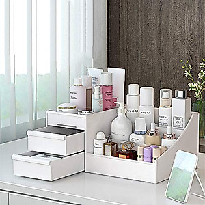 Wanclik Plastic Desk Makeup Organizer Drawer Organizers Multi-Purpose Storage Box Tray for Cosmetic Vanity for Bedroom Bathroom Office (White, 28.5X12.5X17cm)