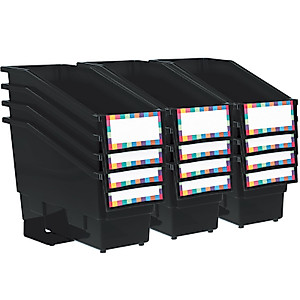 Really Good Stuff Non-Tip Book and Binder Holders, 5½” by 13½” by 7¾” (Set of 12, Black) Magazine, Folder Bins with Stabilizer Wings, Built-In Label Holder – Durable, Won’t Fall Over