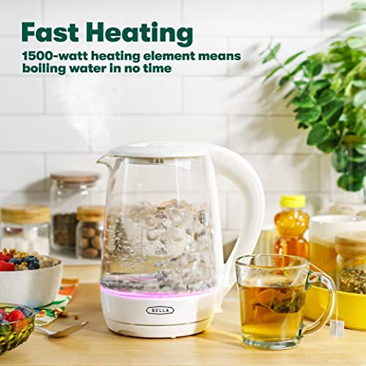BELLA 1.7 Liter Glass Electric Kettle, Quickly Boil 7 Cups of Water in 6-7 Minutes, Soft Pink LED Lights Illuminate While Boiling, Cordless Portable Water Heater, Carefree Auto Shut-Off, White