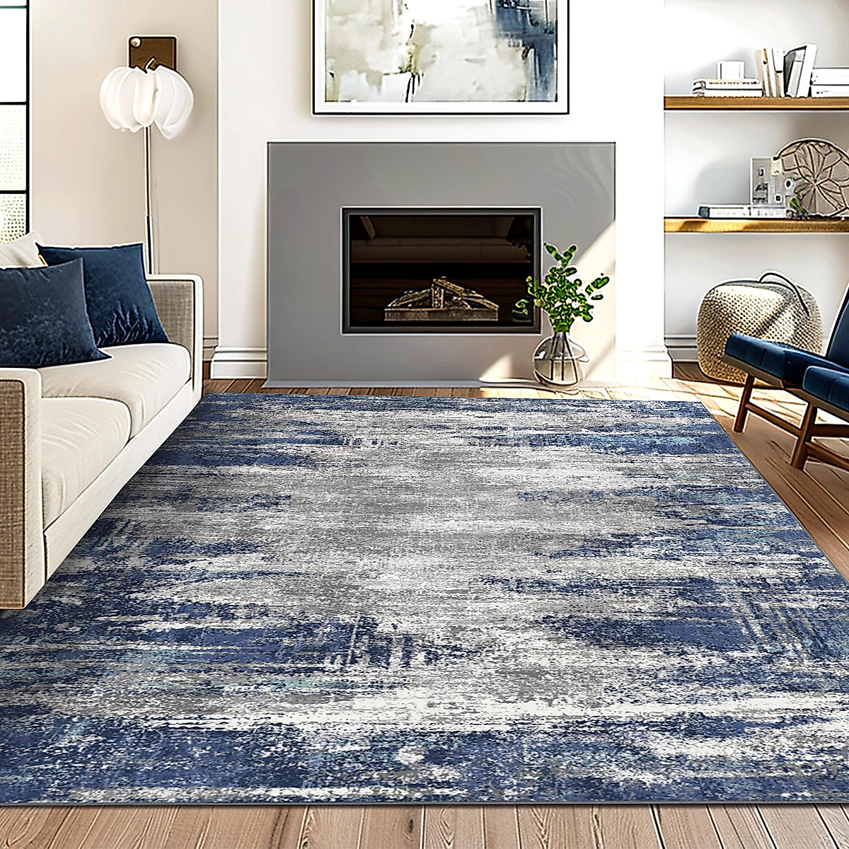 BEIMO 8X10 Area Rugs for Living Room Bedroom, Modern Abstract Blue Print Indoor Machine Washable Area Rug, Distressed Throw Non Slip Backing Runner Rug for Hallway Entryway