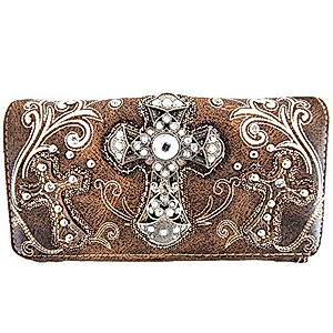 Western Style Rhinestone Cross Totes Purse Concealed Carry Handbags Women Country Shoulder Bag Wallet Set (Brown Set)