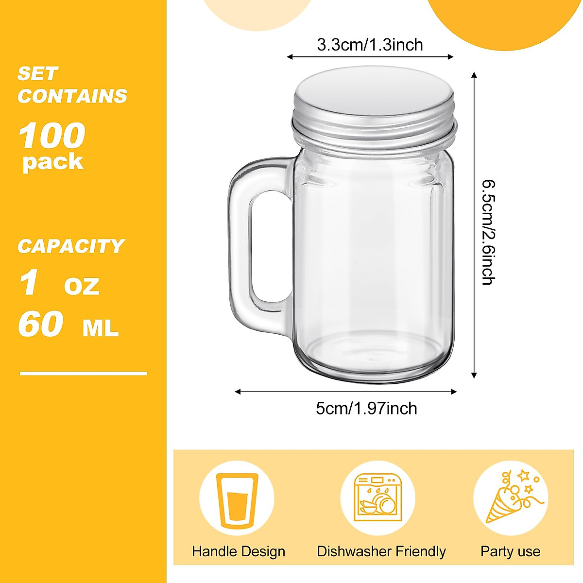 Mifoci 100 Pieces 1 oz Mini Mason Jar Drinking Glasses with Lids Mason Jar Cups Mason Jar Mugs with Handles Mason Jar Shot Glasses Set for Home Picnic Party
