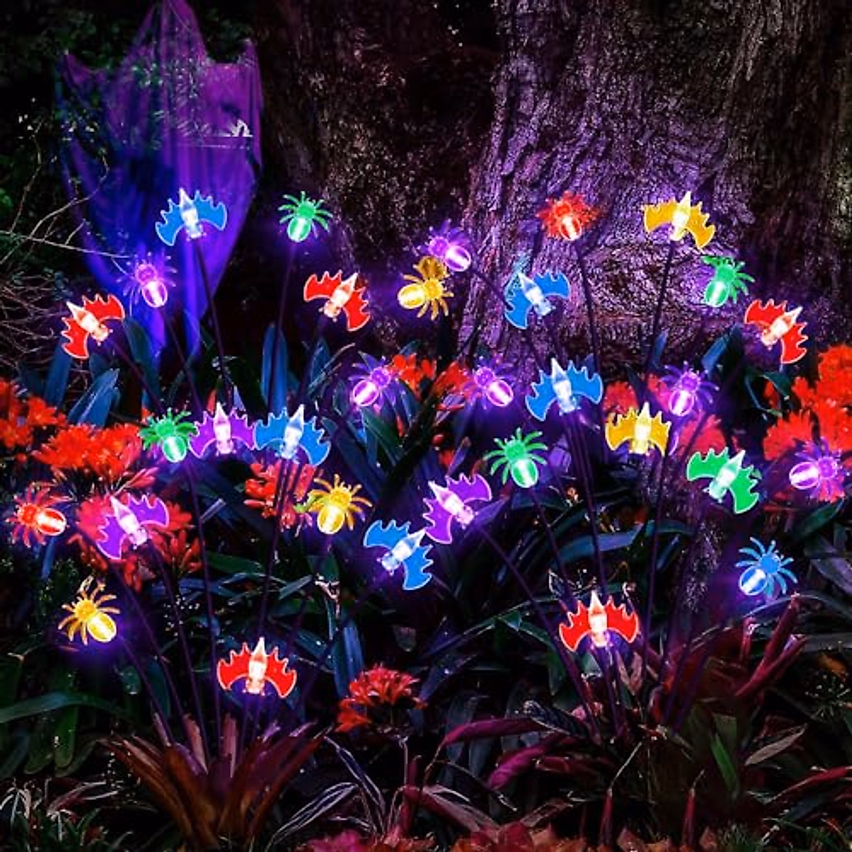 Newhale 4 Pack Solar Halloween Decorations, Solar Swaying Garden Lights with Spiders and Bats, Solar Landscape Pathway Stake lights, Outdoor Solar Lights Decor, Upgraded Base on Solar Firefly Lights