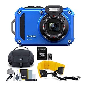 Kodak PIXPRO WPZ2 Rugged Waterproof 16MP Digital Camera with 4x Optical Zoom (Blue) Bundle with Koah Nostrand Gadget Bag, Floating Camera Strap (Yellow), and 32GB UHS-I microSDHC Memory Card (4 Items)