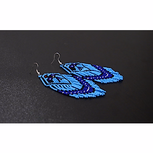 Buybeaded Handmade beaded native american style glass seed bead earrings Pendientes de cuentas nativas al estilo mexicano de artesanos gifts for women (Thunder bird skuyblue)