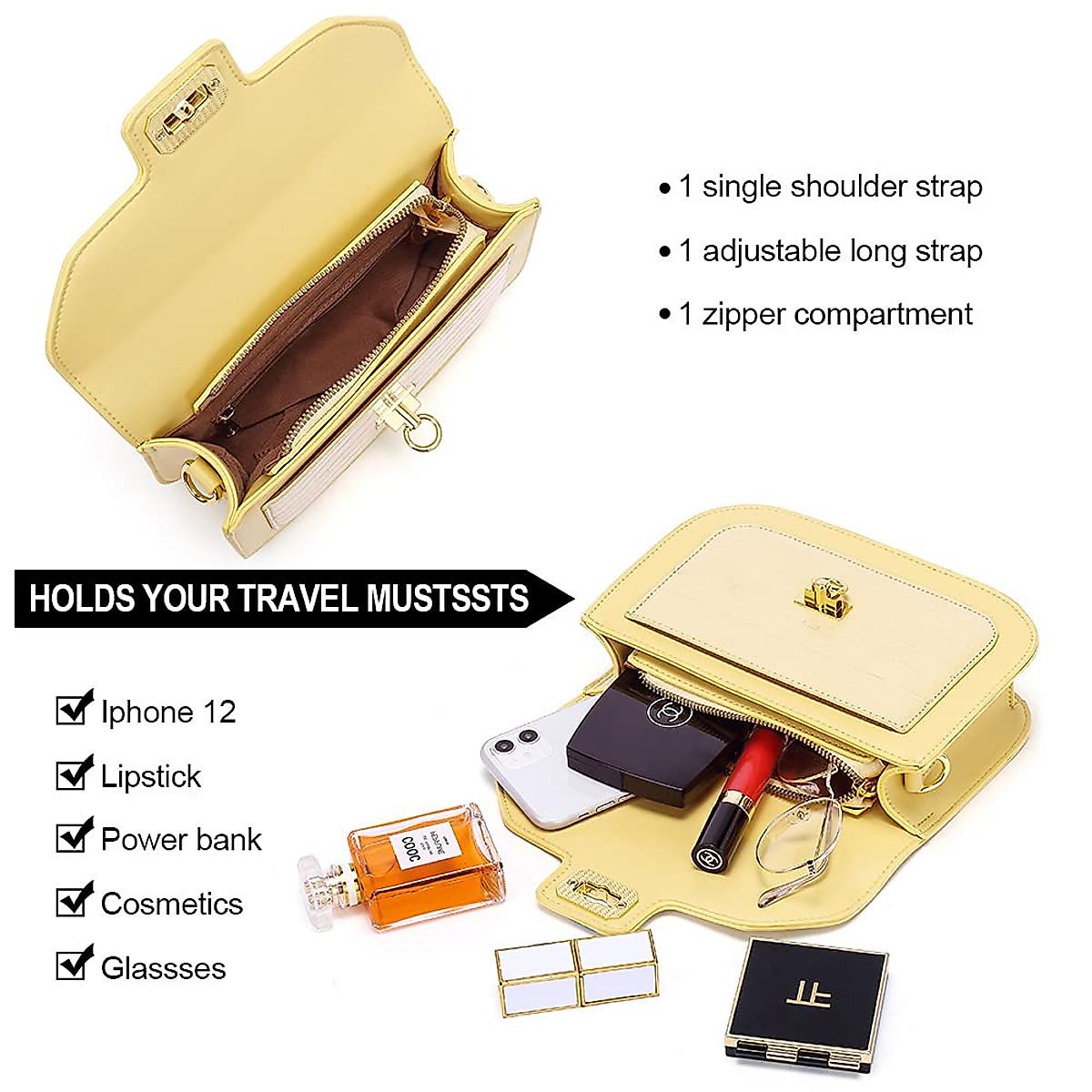 CLUCI Crossbody Bag For Women Designer Fashion Travel Purse Ladies Small Adjustable Leather Shoulder Handbag Yellow