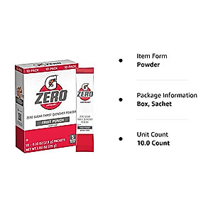 The Gatorade Company, Gatorade G Zero, Sugar Free Powder Sticks, 0.10oz Packets (Mixes with 20 ounces of Water) 10 Pack (Fruit Punch)