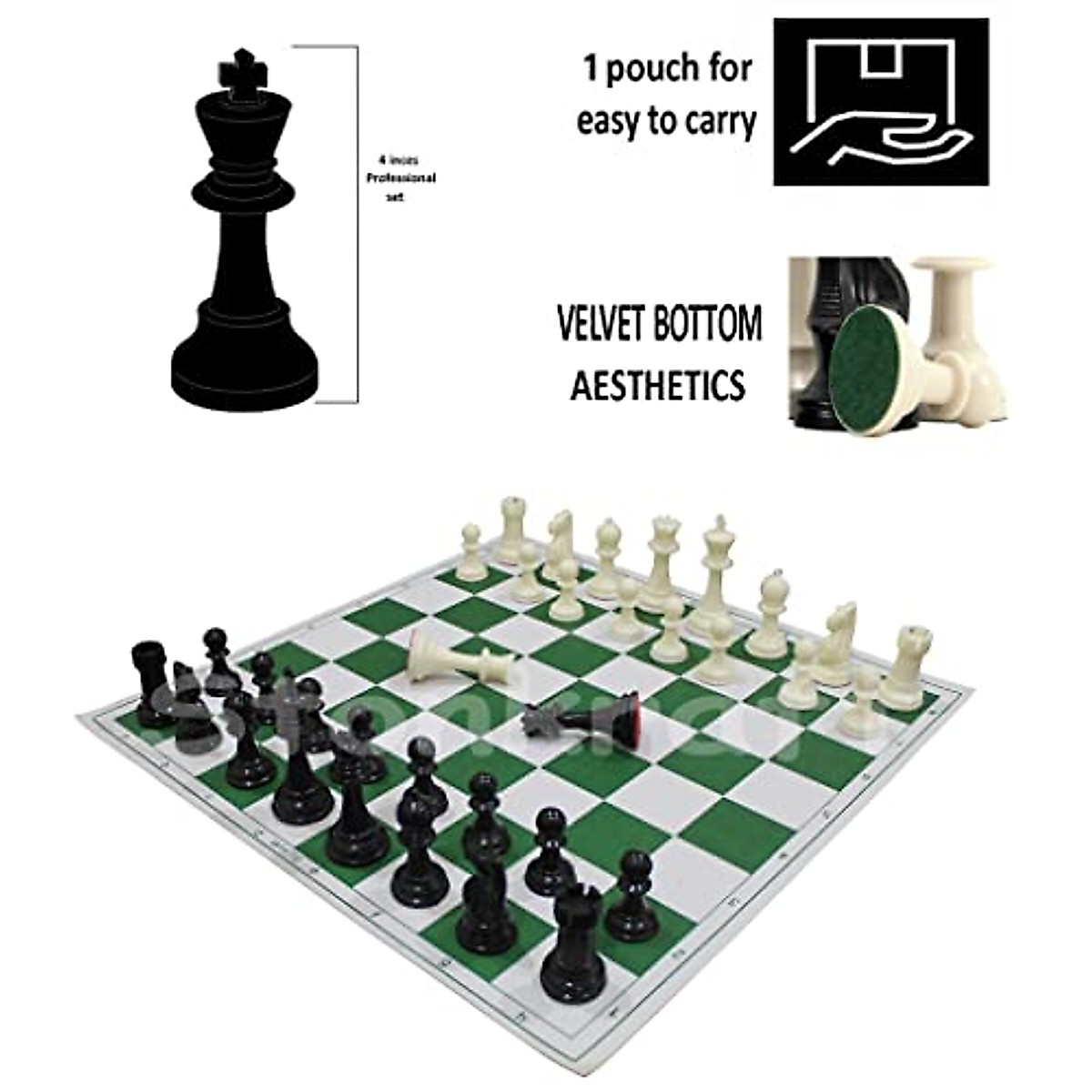 StonKraft 17'' x 17'' Tournament Chess Vinyl Foldable Chess Game with Solid Plastic Pieces (with Extra Queen) - Ideal for Professional Chess Players