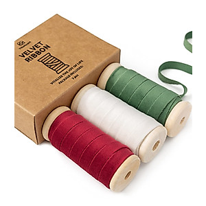 Vitalizart Christmas Velvet Ribbon Set 3/8" x 15Yd Wooden Spool Fabric Trim Eco-Friendly 3 Rolls * 5Yd for Christmas Wreath Decoration Handmade Craft Ornaments Gift Wrapping & Bow Making