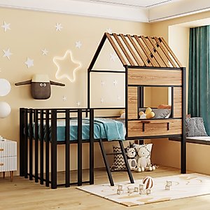 Harper & Bright Designs Kids House Beds Low Loft Bed Frame with Roof, Window, Guardrail and Ladder, Metal Twin Size Loft Bed for Kids Teens Girls Boys (Twin, Black)