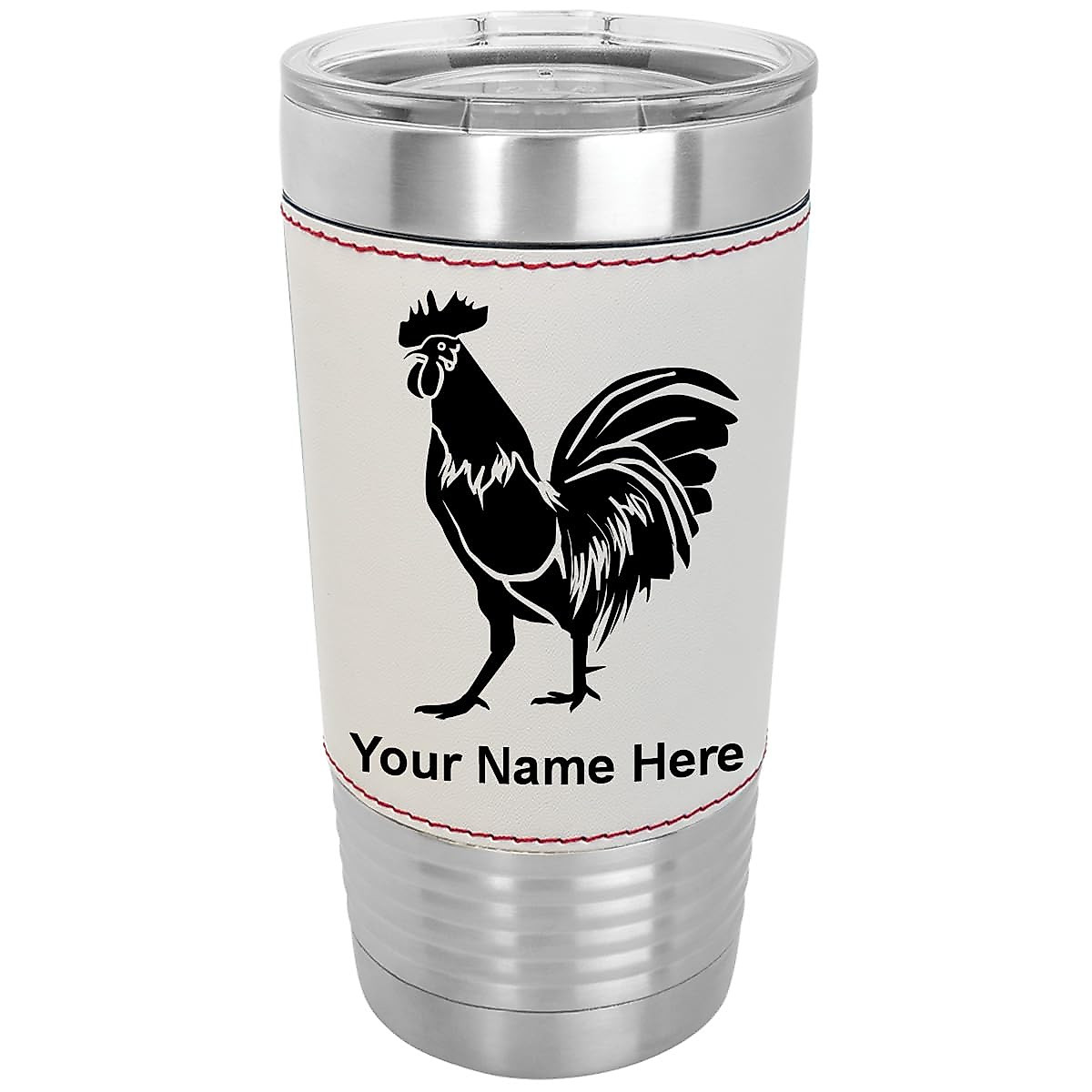 LaserGram 20oz Vacuum Insulated Tumbler Mug, Rooster, Personalized Engraving Included (Faux Leather, Baseball Style)