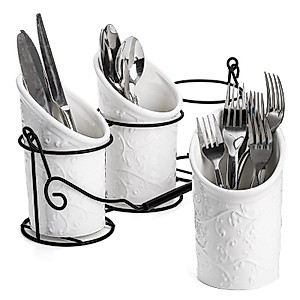 Nicunom Set of 3 Ceramic Flatware Caddy with Metal Rack, Embossed Design Kitchen Utensil Holder Silverware Organizer Cutlery Holder Kitchen Tool Crock for Countertop Decor and Organization