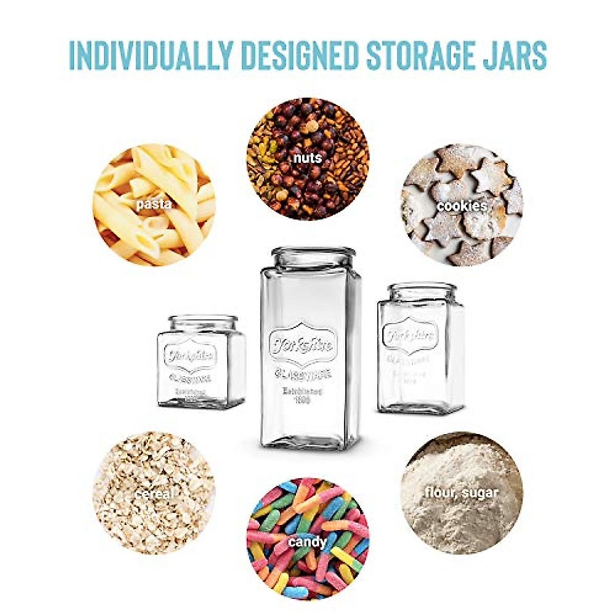 Glass Storage Jars by KooK, 3 Different Sizes, Great for Cereal, Rice, Cookies, Candy, Nuts, Flour, Sugar, Pasta, Large, Medium, Small, Set of 3