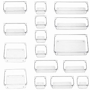 16 PCS Clear Plastic Drawer Organizers Set,5-Size Versatile Bathroom and Vanity Drawer Organizer Trays, Storage Bins for Makeup, Jewelries, Kitchen Utensils and Office