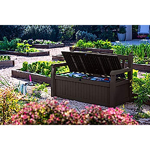 Keter Solana 70 Gallon Storage Bench Deck Box for Patio Furniture, Front Porch Decor and Outdoor Seating – Perfect to Store Garden Tools and Pool Toys, Brown