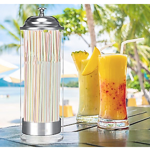 Straw Dispenser for Pencils with Stainless Steel Lid, Clear Acrylic Straw Holder, 100 Striped Plastic Straws