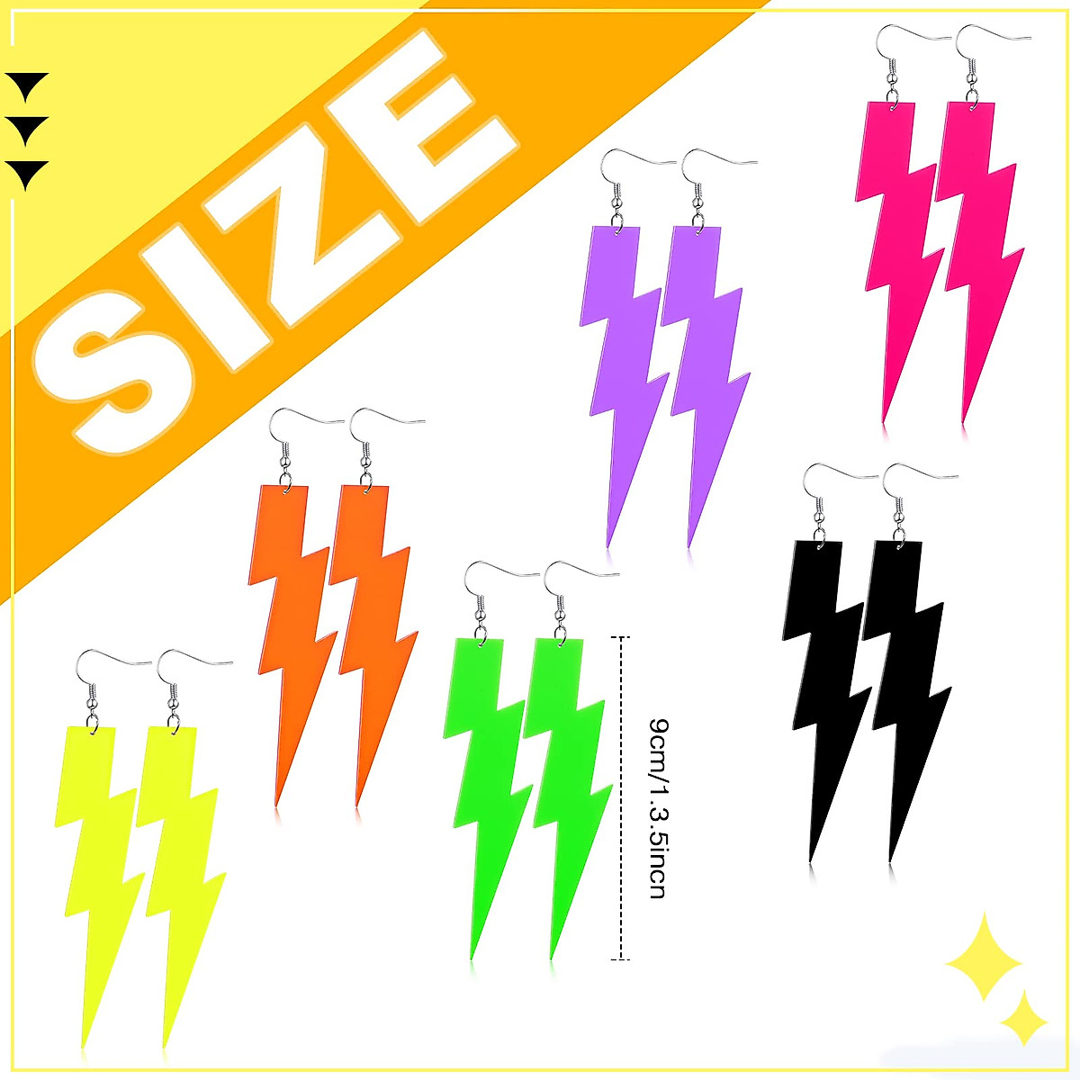 Yinkin 6 Pairs 80s 90s Neon Earrings for Women Retro Neon Earring for 80s 90s Women Outfit Accessories, 6 Colors(Lightning)