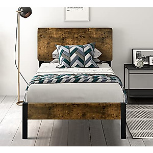 SHA CERLIN Twin Size Metal Platform Bed Frame with Wooden Headboard and Footboard/Rustic Mattress Foundation/No Box Spring Needed/Non-Slip Without Noise/Black&Brown