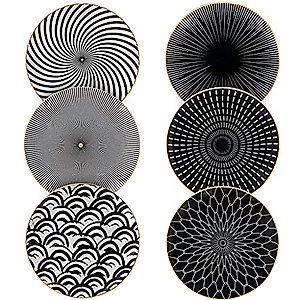 Sanbege 6 Pcs Porcelain Salad Plates, 8" Ceramic Serving Plates, Mix Match Dishes for Sandwich, Pasta, Steak, Dessert (Black and White)