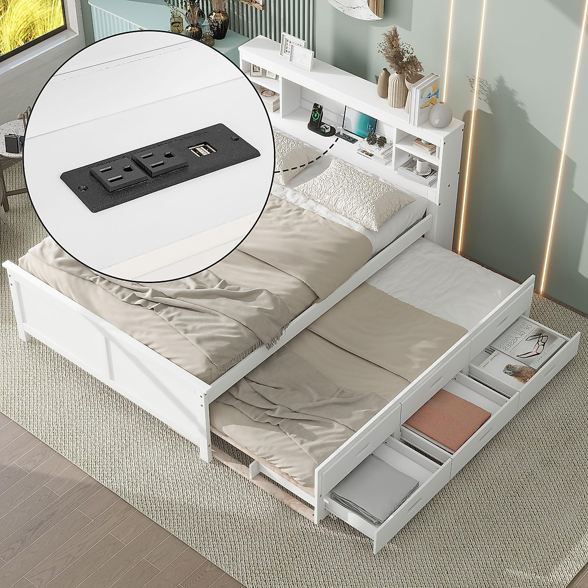 Harper & Bright Designs Full Size Bed with Bookcase Headboard, Wooden Full Platform Bed with Trundle and Drawers,Full Storage Bed with USB Ports Outlets for Kids Girls Boys,White