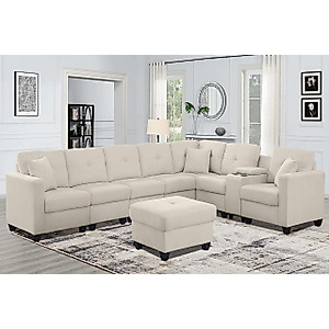 Ball & Cast 127" Convertible Sectional Sofa Couch with Removable Ottoman and Cup Holder,6 Seat Modular Living Room Furniture Sets with 2 Pillows & USB Port,for Lounge,Apartment,Beige