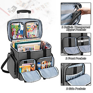 CURMIO Rolling Scrapbook Tote on Wheels, Scrapbook Storage Bag with Detachable Trolley and Bottom Wooden Board, Rolling Craft Bag for Scrapbooking Supplies, Gray