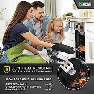 RFAQK Oven Mitts and Pot Holders Sets- Extra Long Silicone Oven Mitts, Oven Mitts Heat Resistant with Quilted Soft Liner and Mini Oven Mittens Sets for Kitchen, Baking, Grill and BBQ (Black)