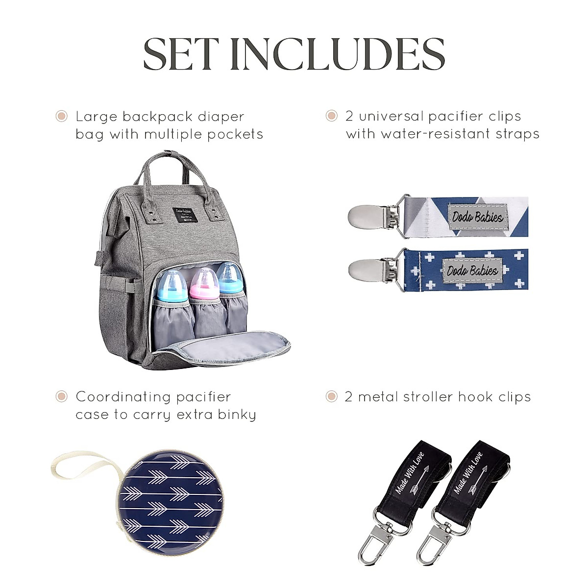 Dodo Babies Diaper Bag Backpack Set - Insulated & Waterproof Pockets - Plus Two Pacifier Clips, Binky Case & Stroller Straps (Blue/Grey)