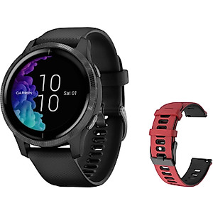 Garmin Venu GPS Smartwatch, 43mm, Lightweight, 5 ATM Waterproof, Phone-Free Music, Built-in Sports APPs, Smart Notifications, Advance Sleep Monitoring, Ghost Manta Silicon Brand (43MM, Black | Red)