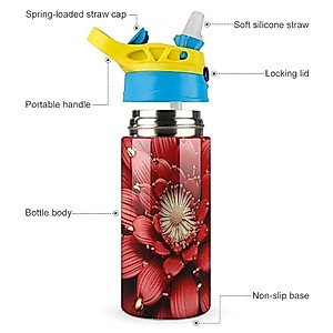 Stainless Steel Water Bottles Red Gold Flower Travel Water Cups with Handle And Silicone Straw Drinking Cup with Leak Proof Lid Thermo Travel Mug for Women Men