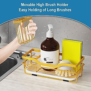 Sponge Holder Kitchen Sink Caddy Organizer, Sponge Holder for Kitchen Sink with Brush Storage, 304 Stainless Steel Black Dish Soap Holder Rack with Removable Drain Tray - Not Included Dispenser, Brush