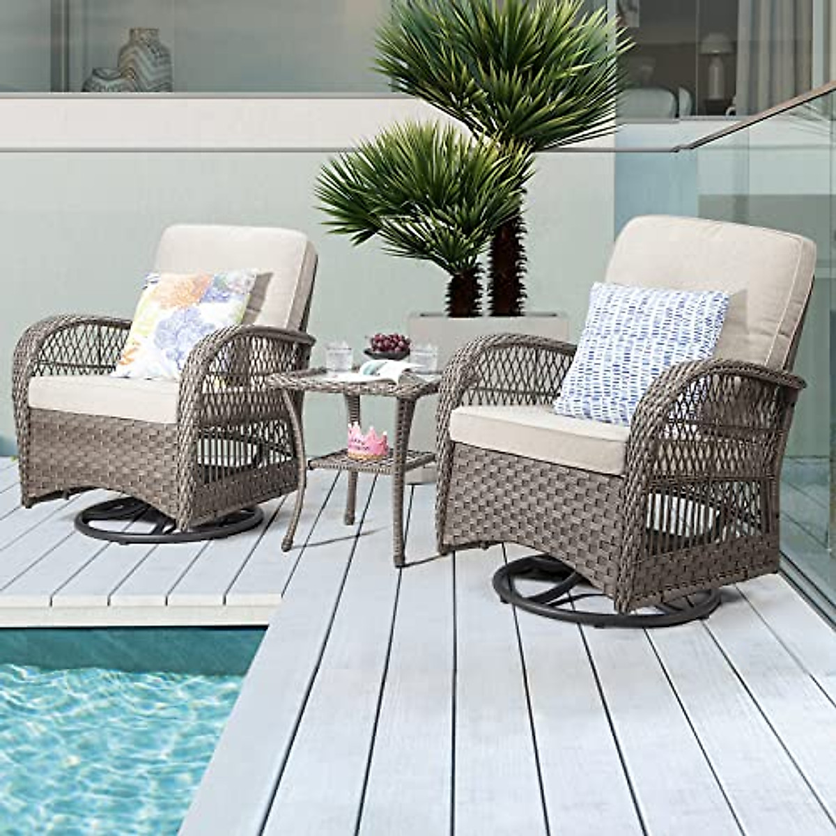 Joyside Patio Bistro Set, 3-Piece Patio Wicker Swivel Rocking Chair Set, Outdoor Patio Furniture Chair with Side Coffee Table & Durable Fabric Cushion(Brown/Beige)